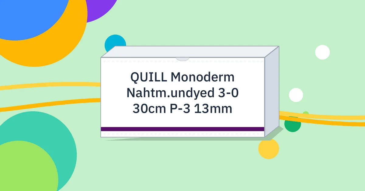 Symbolbild: Packung mit der Aufschrift QUILL Monoderm Nahtm.undyed 3-0 30cm P-3 13mm (PZN 17988352) – Verfügbarkeit und Bezug in Apotheken in Frankfurt am Main