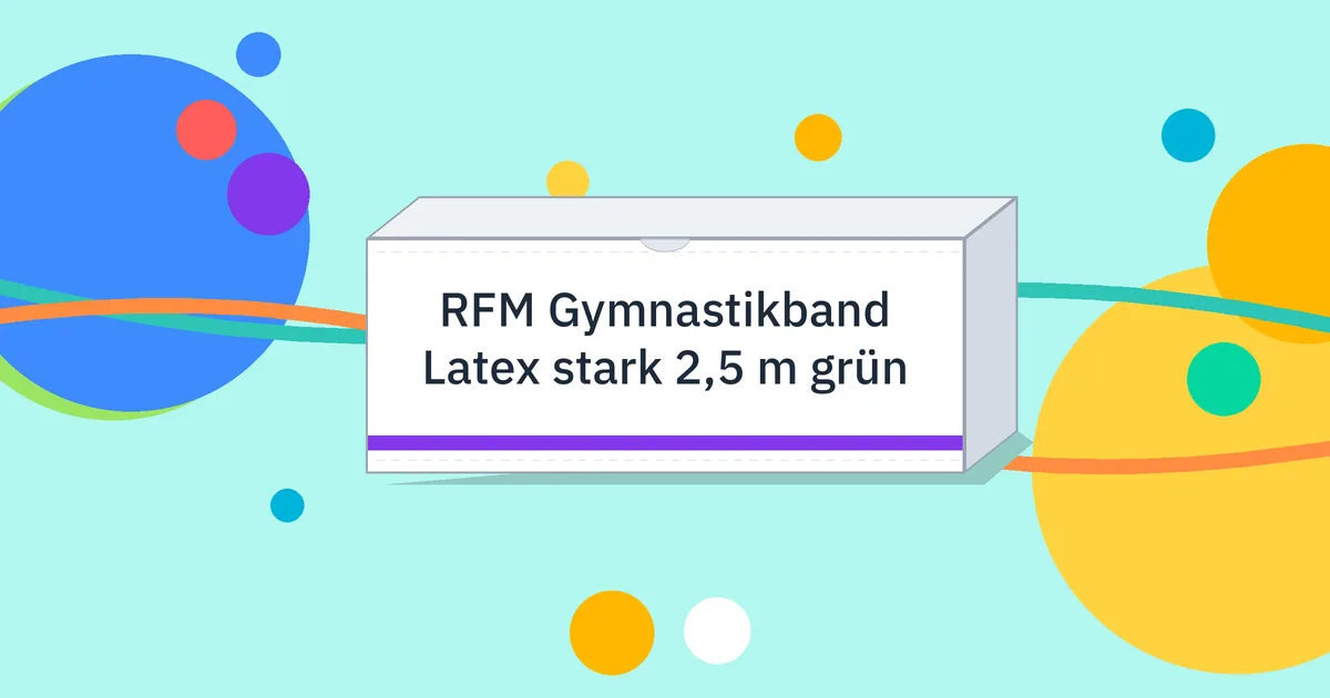 Symbolbild: Packung mit der Aufschrift RFM Gymnastikband Latex stark 2,5 m grün (PZN 05919558) – Verfügbarkeit und Bezug in Apotheken in Frankfurt am Main