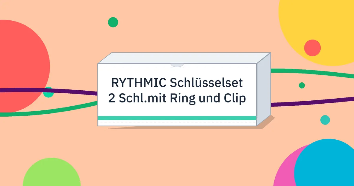 Symbolbild: Packung mit der Aufschrift RYTHMIC Schlüsselset 2 Schl.mit Ring und Clip (PZN 18786981) – Verfügbarkeit und Bezug in Apotheken in Frankfurt am Main