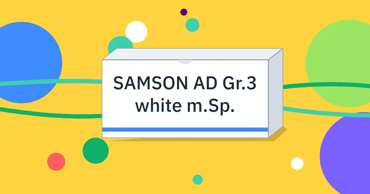 Symbolbild: Packung mit der Aufschrift SAMSON AD Gr.3 white m.Sp. (PZN 14248732) – Verfügbarkeit und Bezug in Apotheken in Frankfurt am Main