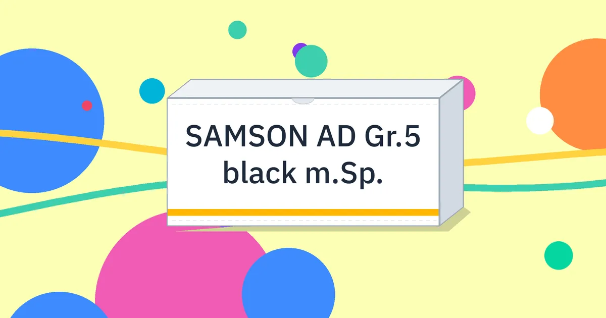 Symbolbild: Packung mit der Aufschrift SAMSON AD Gr.5 black m.Sp. (PZN 14248873) – Verfügbarkeit und Bezug in Apotheken in Frankfurt am Main