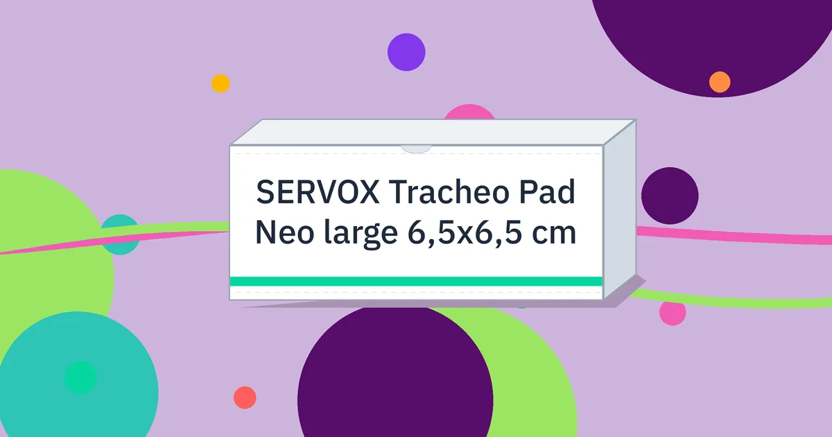 Symbolbild: Packung mit der Aufschrift SERVOX Tracheo Pad Neo large 6,5x6,5 cm (PZN 16655275) – Verfügbarkeit und Bezug in Apotheken in Frankfurt am Main