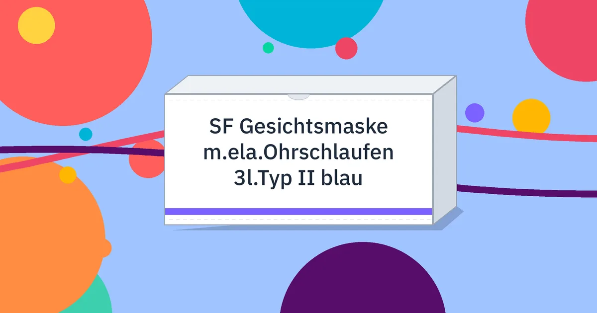 Symbolbild: Packung mit der Aufschrift SF Gesichtsmaske m.ela.Ohrschlaufen 3l.Typ II blau (PZN 16809488) – Verfügbarkeit und Bezug in Apotheken in Frankfurt am Main