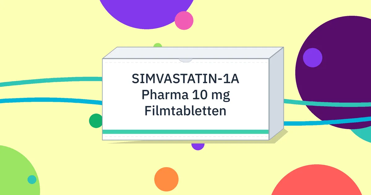 Symbolbild: Packung mit der Aufschrift SIMVASTATIN-1A Pharma 10 mg Filmtabletten (PZN 01970019) – Verfügbarkeit und Bezug in Apotheken in Frankfurt am Main
