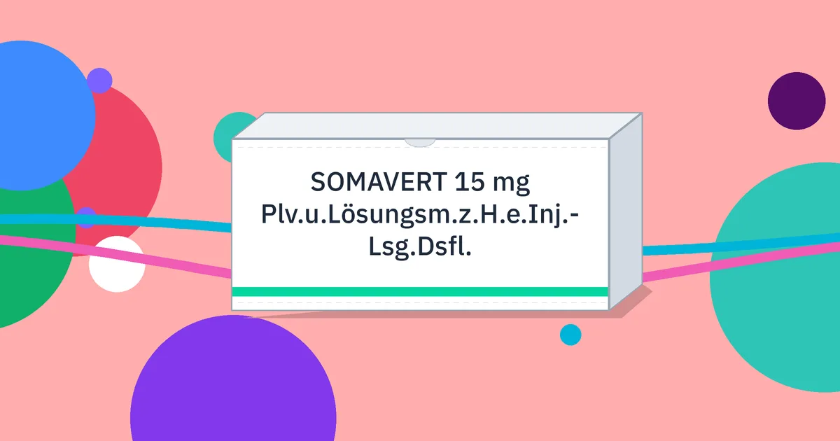Symbolbild: Packung mit der Aufschrift SOMAVERT 15 mg Plv.u.Lösungsm.z.H.e.Inj.-Lsg.Dsfl. (PZN 13598973) – Verfügbarkeit und Bezug in Apotheken in Frankfurt am Main