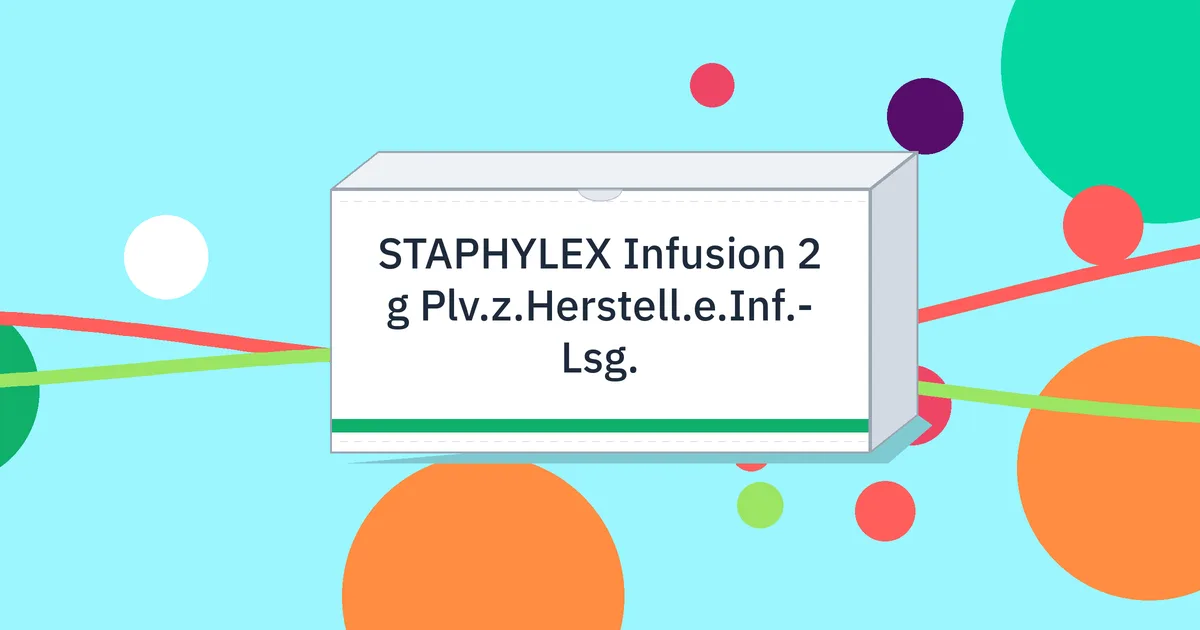 Symbolbild: Packung mit der Aufschrift STAPHYLEX Infusion 2 g Plv.z.Herstell.e.Inf.-Lsg. (PZN 16323550) – Verfügbarkeit und Bezug in Apotheken in Frankfurt am Main