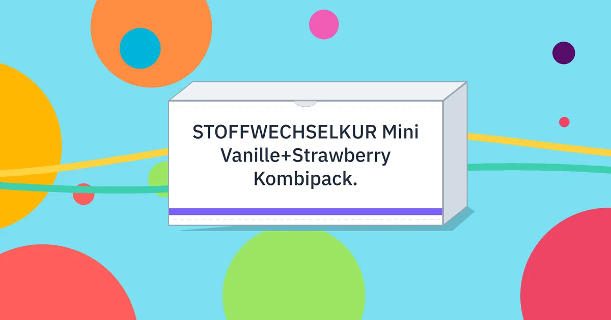Symbolbild: Packung mit der Aufschrift STOFFWECHSELKUR Mini Vanille+Strawberry Kombipack. (PZN 14044633) – Verfügbarkeit und Bezug in Apotheken in Frankfurt am Main