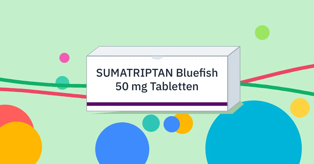 Symbolbild: Packung mit der Aufschrift SUMATRIPTAN Bluefish 50 mg Tabletten (PZN 06883236) – Verfügbarkeit und Bezug in Apotheken in Frankfurt am Main