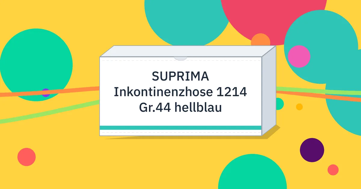 Symbolbild: Packung mit der Aufschrift SUPRIMA Inkontinenzhose 1214 Gr.44 hellblau (PZN 03027465) – Verfügbarkeit und Bezug in Apotheken in Frankfurt am Main