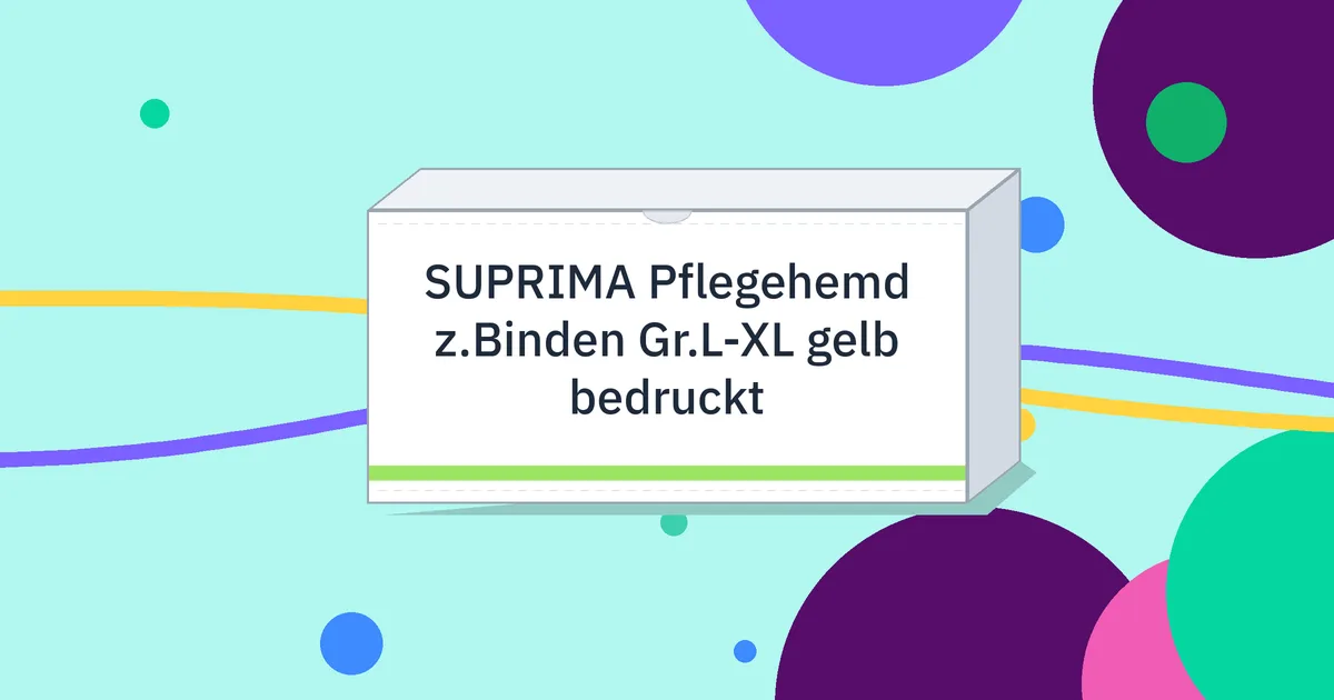 Symbolbild: Packung mit der Aufschrift SUPRIMA Pflegehemd z.Binden Gr.L-XL gelb bedruckt (PZN 03067789) – Verfügbarkeit und Bezug in Apotheken in Frankfurt am Main