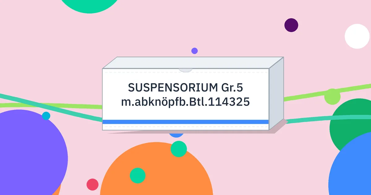 Symbolbild: Packung mit der Aufschrift SUSPENSORIUM Gr.5 m.abknöpfb.Btl.114325 (PZN 03230692) – Verfügbarkeit und Bezug in Apotheken in Frankfurt am Main