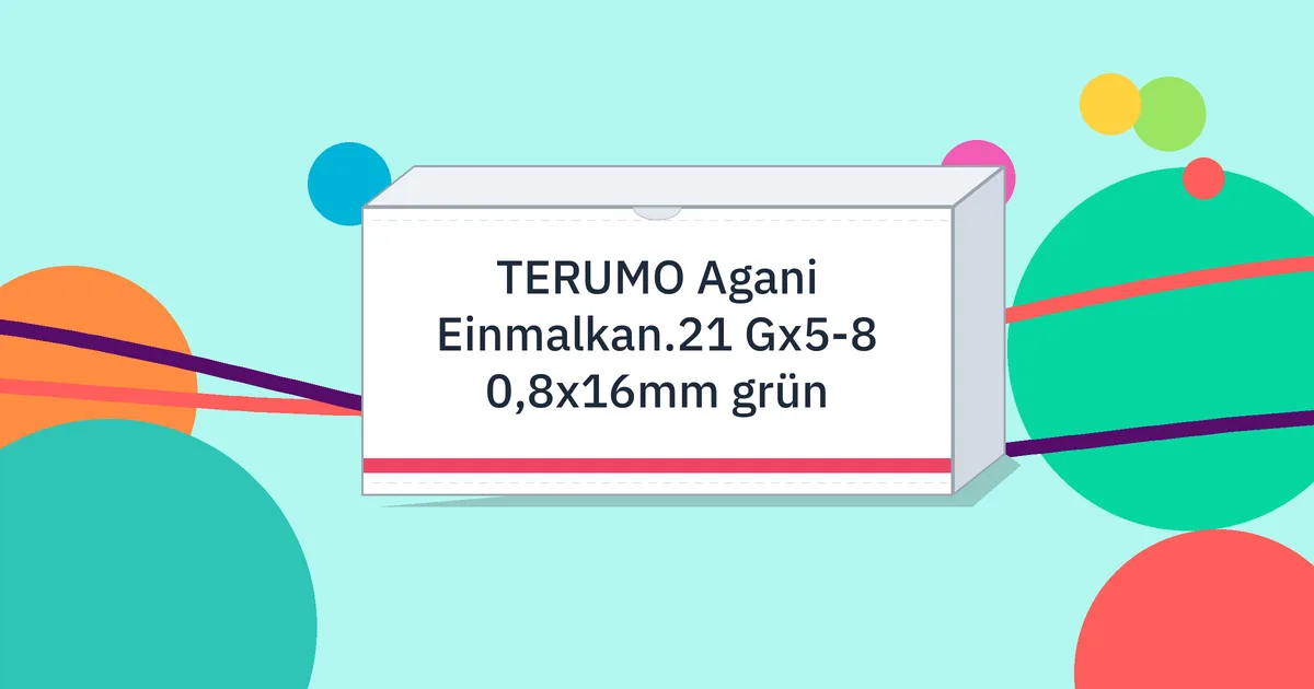 Symbolbild: Packung mit der Aufschrift TERUMO Agani Einmalkan.21 Gx5-8 0,8x16mm grün (PZN 13873557) – Verfügbarkeit und Bezug in Apotheken in Frankfurt am Main