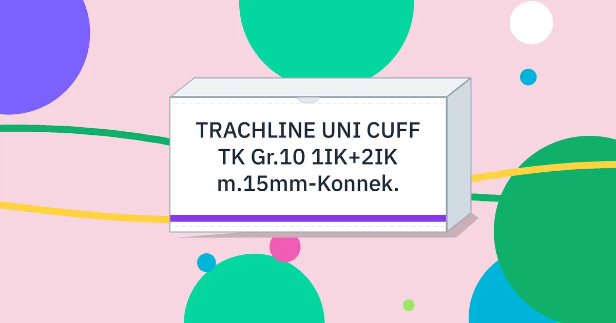 Symbolbild: Packung mit der Aufschrift TRACHLINE UNI CUFF TK Gr.10 1IK+2IK m.15mm-Konnek. (PZN 17156203) – Verfügbarkeit und Bezug in Apotheken in Frankfurt am Main