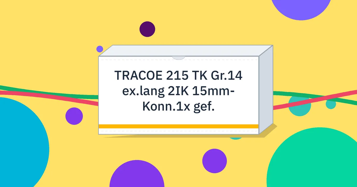 Symbolbild: Packung mit der Aufschrift TRACOE 215 TK Gr.14 ex.lang 2IK 15mm-Konn.1x gef. (PZN 11643706) – Verfügbarkeit und Bezug in Apotheken in Frankfurt am Main