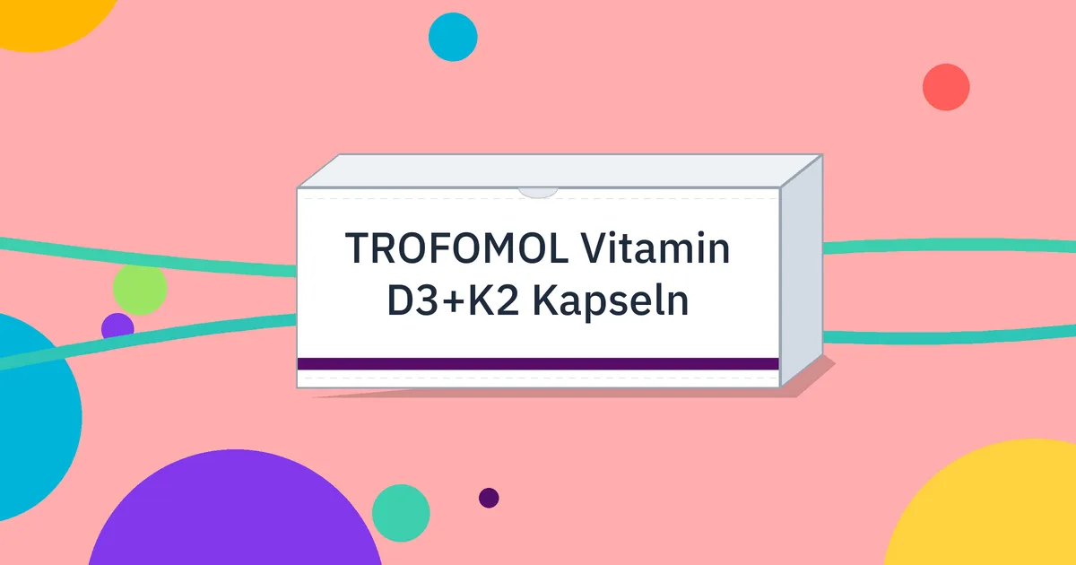 Symbolbild: Packung mit der Aufschrift TROFOMOL Vitamin D3+K2 Kapseln (PZN 20218385) – Verfügbarkeit und Bezug in Apotheken in Frankfurt am Main