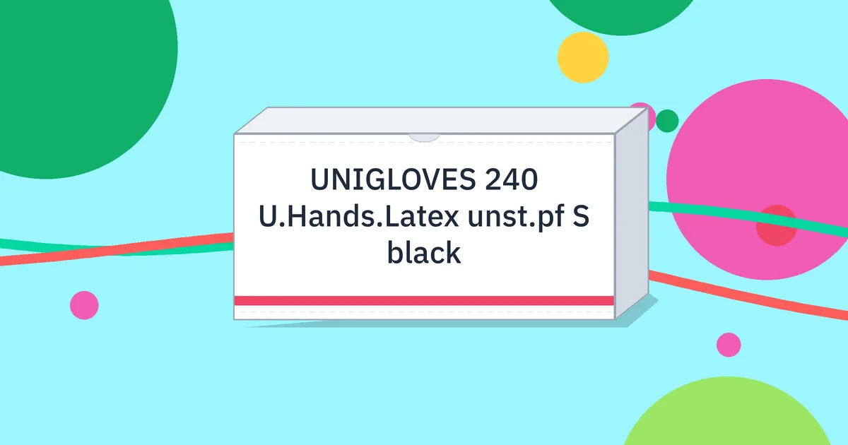 Symbolbild: Packung mit der Aufschrift UNIGLOVES 240 U.Hands.Latex unst.pf S black (PZN 18101397) – Verfügbarkeit und Bezug in Apotheken in Frankfurt am Main
