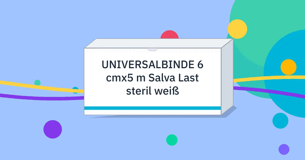 Symbolbild: Packung mit der Aufschrift UNIVERSALBINDE 6 cmx5 m Salva Last steril weiß (PZN 17152599) – Verfügbarkeit und Bezug in Apotheken in Frankfurt am Main