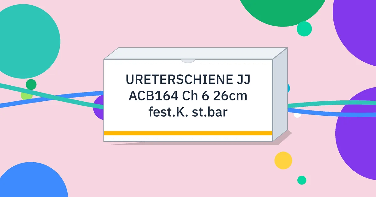 Symbolbild: Packung mit der Aufschrift URETERSCHIENE JJ ACB164 Ch 6 26cm fest.K. st.bar (PZN 00752214) – Verfügbarkeit und Bezug in Apotheken in Frankfurt am Main