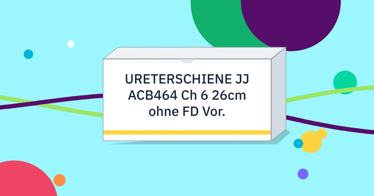 Symbolbild: Packung mit der Aufschrift URETERSCHIENE JJ ACB464 Ch 6 26cm ohne FD Vor. (PZN 02083214) – Verfügbarkeit und Bezug in Apotheken in Frankfurt am Main