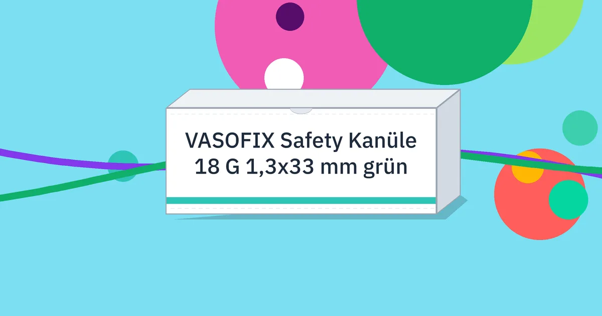 Symbolbild: Packung mit der Aufschrift VASOFIX Safety Kanüle 18 G 1,3x33 mm grün (PZN 11178190) – Verfügbarkeit und Bezug in Apotheken in Frankfurt am Main