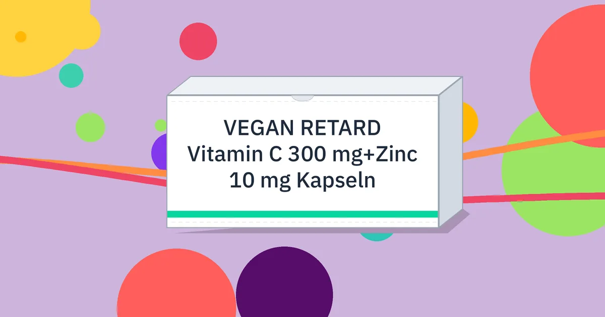 Symbolbild: Packung mit der Aufschrift VEGAN RETARD Vitamin C 300 mg+Zinc 10 mg Kapseln (PZN 19164081) – Verfügbarkeit und Bezug in Apotheken in Frankfurt am Main