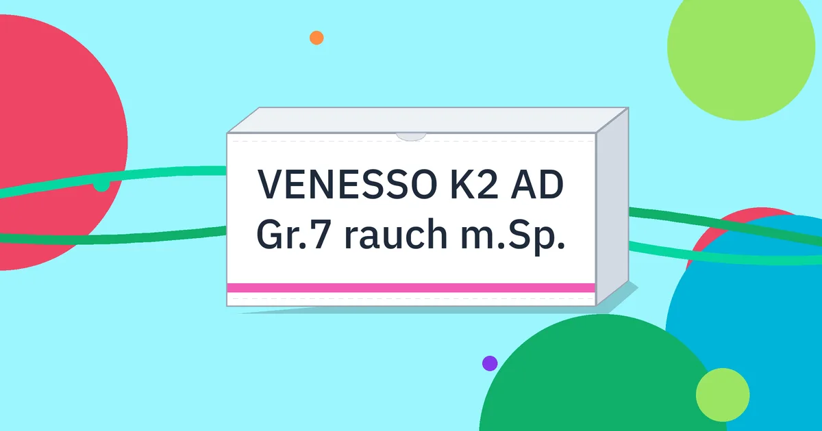 Symbolbild: Packung mit der Aufschrift VENESSO K2 AD Gr.7 rauch m.Sp. (PZN 03256987) – Verfügbarkeit und Bezug in Apotheken in Frankfurt am Main