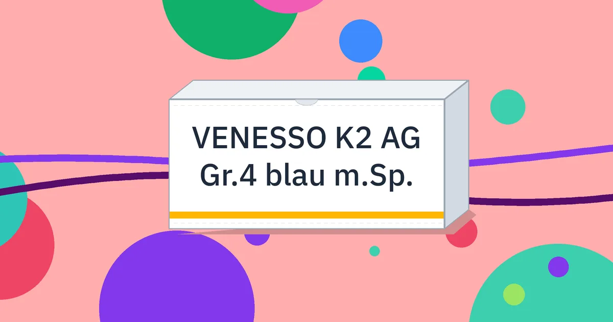 Symbolbild: Packung mit der Aufschrift VENESSO K2 AG Gr.4 blau m.Sp. (PZN 03278144) – Verfügbarkeit und Bezug in Apotheken in Frankfurt am Main