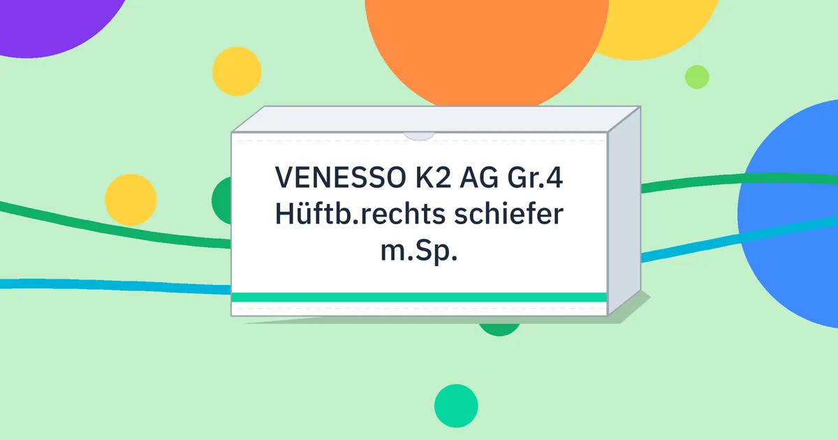 Symbolbild: Packung mit der Aufschrift VENESSO K2 AG Gr.4 Hüftb.rechts schiefer m.Sp. (PZN 03274519) – Verfügbarkeit und Bezug in Apotheken in Frankfurt am Main