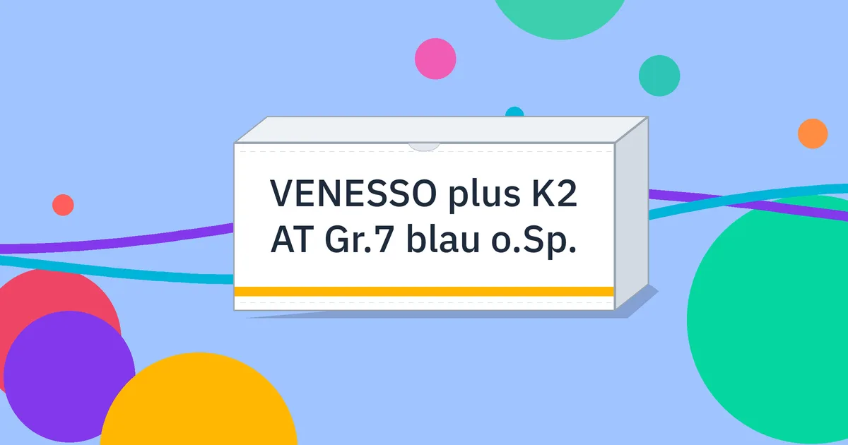 Symbolbild: Packung mit der Aufschrift VENESSO plus K2 AT Gr.7 blau o.Sp. (PZN 03288993) – Verfügbarkeit und Bezug in Apotheken in Frankfurt am Main