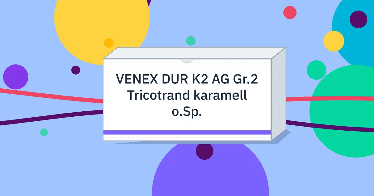 Symbolbild: Packung mit der Aufschrift VENEX DUR K2 AG Gr.2 Tricotrand karamell o.Sp. (PZN 13762881) – Verfügbarkeit und Bezug in Apotheken in Frankfurt am Main
