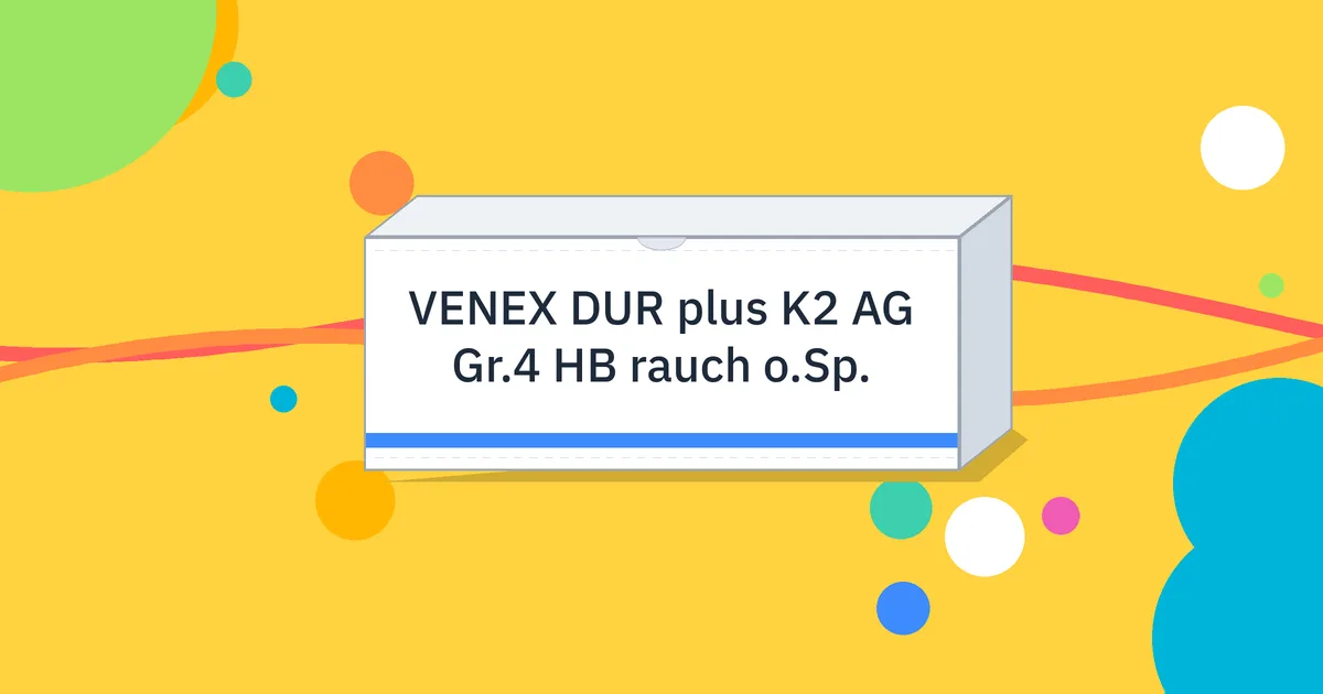 Symbolbild: Packung mit der Aufschrift VENEX DUR plus K2 AG Gr.4 HB rauch o.Sp. (PZN 03236795) – Verfügbarkeit und Bezug in Apotheken in Frankfurt am Main