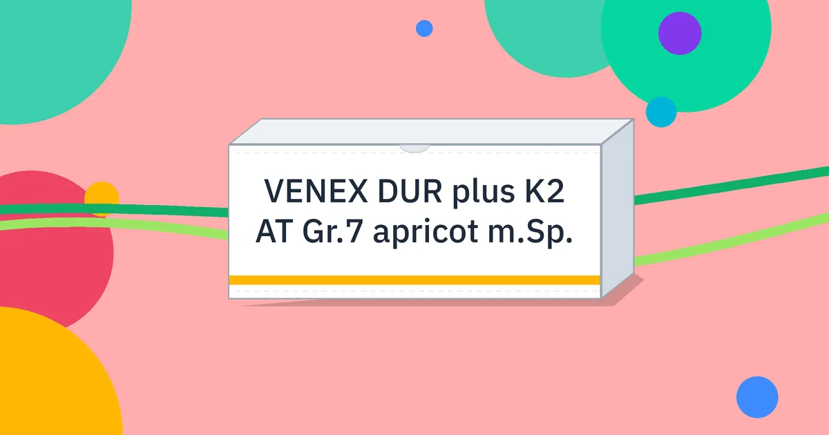 Symbolbild: Packung mit der Aufschrift VENEX DUR plus K2 AT Gr.7 apricot m.Sp. (PZN 03234388) – Verfügbarkeit und Bezug in Apotheken in Frankfurt am Main
