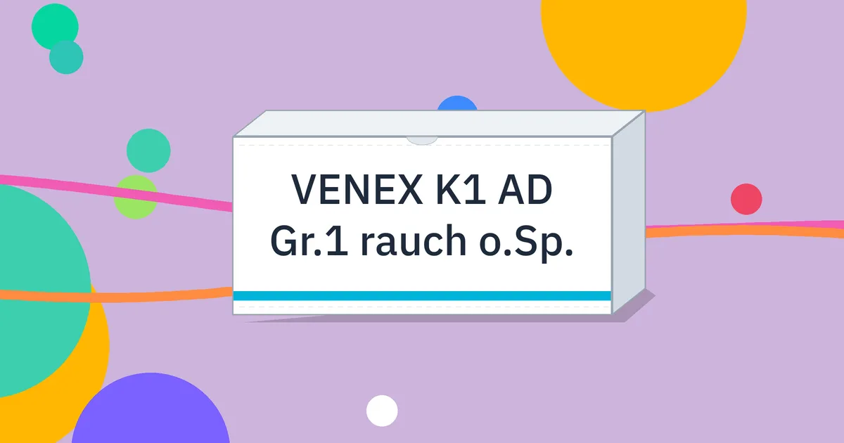 Symbolbild: Packung mit der Aufschrift VENEX K1 AD Gr.1 rauch o.Sp. (PZN 03184756) – Verfügbarkeit und Bezug in Apotheken in Frankfurt am Main