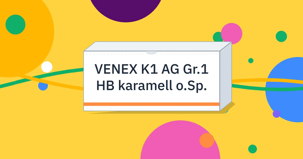 Symbolbild: Packung mit der Aufschrift VENEX K1 AG Gr.1 HB karamell o.Sp. (PZN 13757615) – Verfügbarkeit und Bezug in Apotheken in Frankfurt am Main