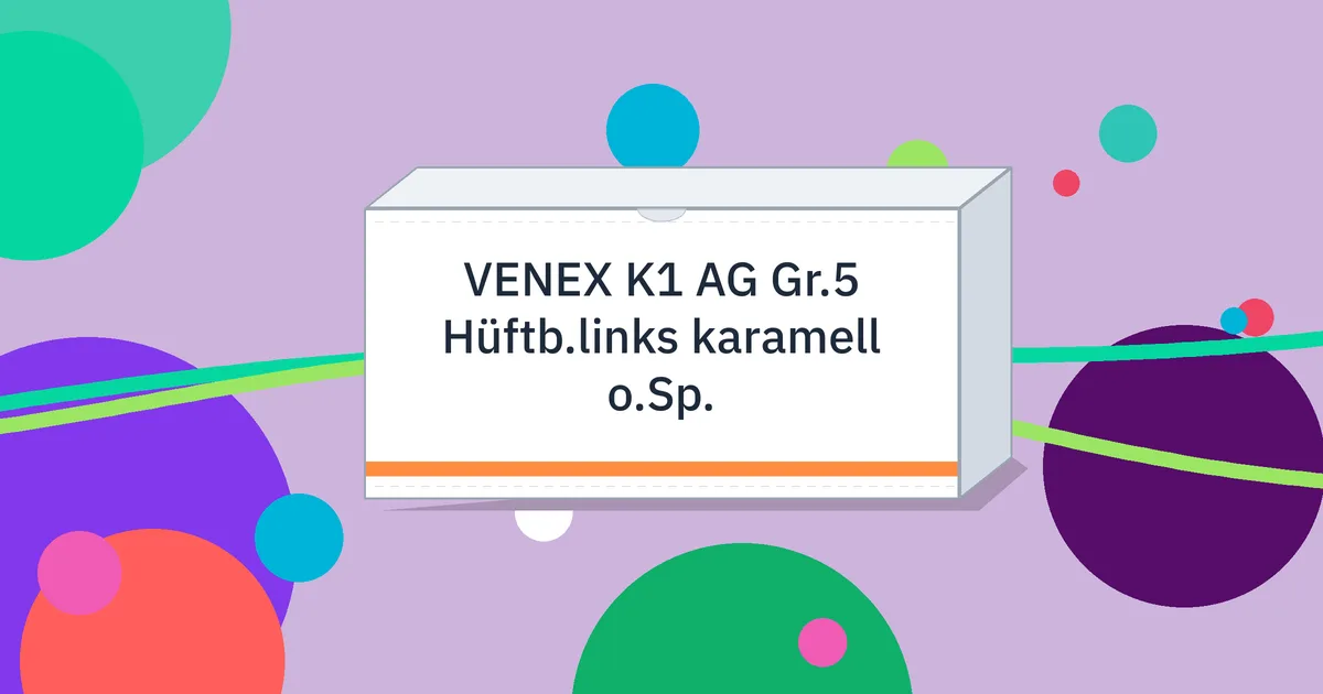 Symbolbild: Packung mit der Aufschrift VENEX K1 AG Gr.5 Hüftb.links karamell o.Sp. (PZN 13761108) – Verfügbarkeit und Bezug in Apotheken in Frankfurt am Main