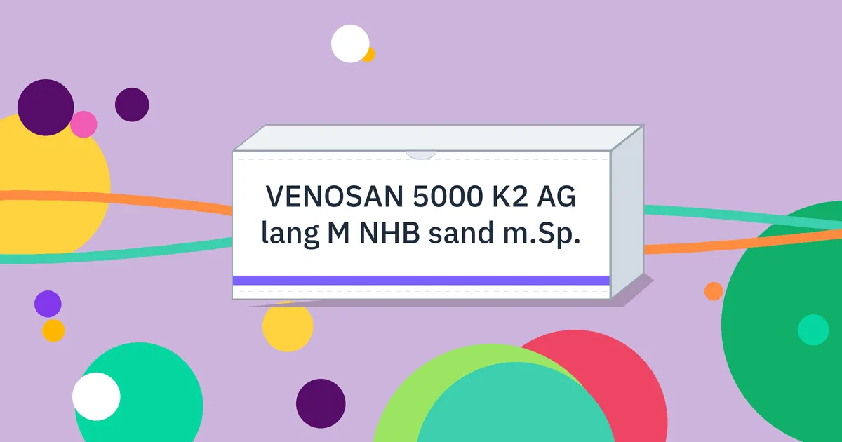 Symbolbild: Packung mit der Aufschrift VENOSAN 5000 K2 AG lang M NHB sand m.Sp. (PZN 14428888) – Verfügbarkeit und Bezug in Apotheken in Frankfurt am Main