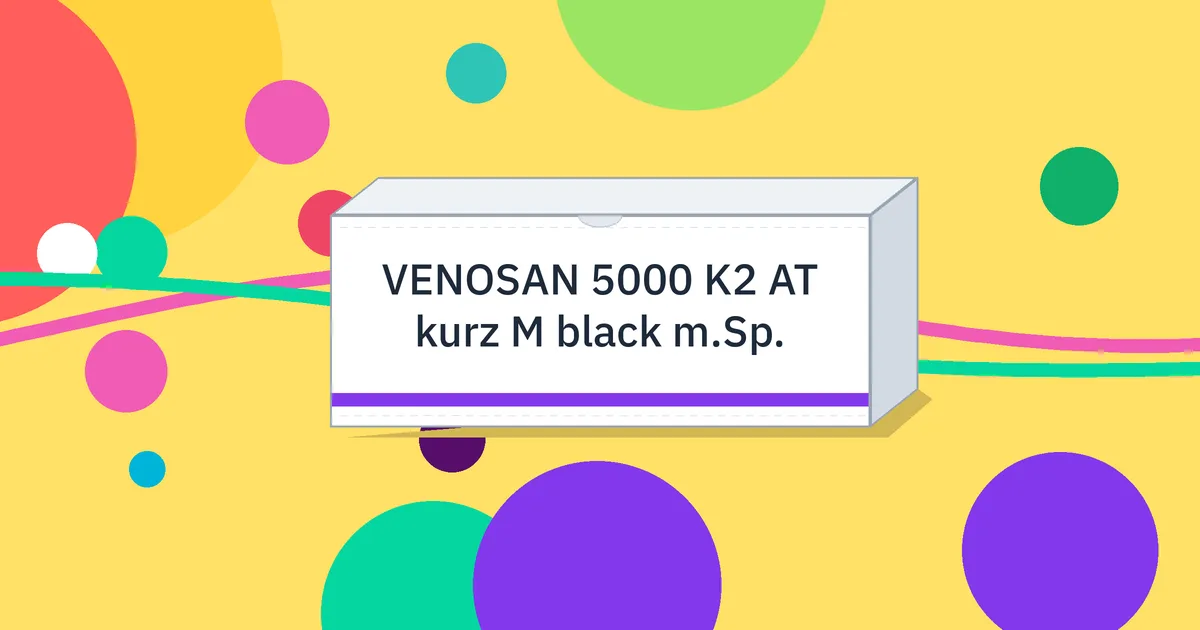 Symbolbild: Packung mit der Aufschrift VENOSAN 5000 K2 AT kurz M black m.Sp. (PZN 14433518) – Verfügbarkeit und Bezug in Apotheken in Frankfurt am Main