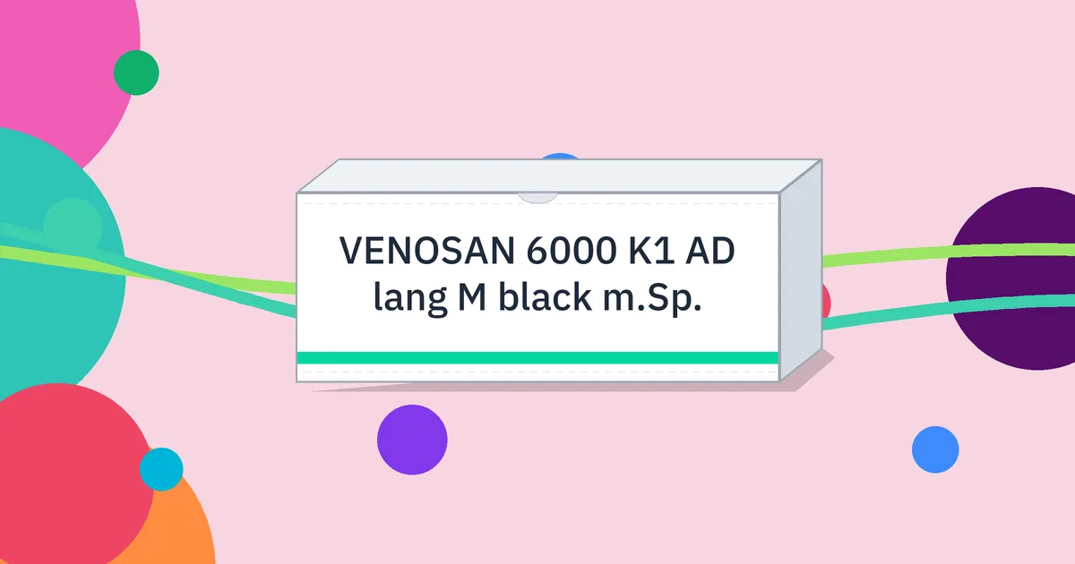 Symbolbild: Packung mit der Aufschrift VENOSAN 6000 K1 AD lang M black m.Sp. (PZN 17171332) – Verfügbarkeit und Bezug in Apotheken in Frankfurt am Main