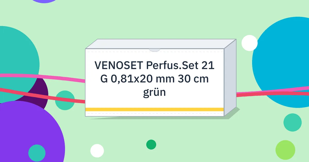 Symbolbild: Packung mit der Aufschrift VENOSET Perfus.Set 21 G 0,81x20 mm 30 cm grün (PZN 13846744) – Verfügbarkeit und Bezug in Apotheken in Frankfurt am Main