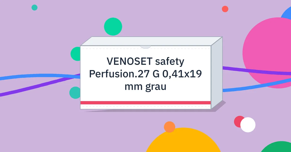 Symbolbild: Packung mit der Aufschrift VENOSET safety Perfusion.27 G 0,41x19 mm grau (PZN 13847034) – Verfügbarkeit und Bezug in Apotheken in Frankfurt am Main