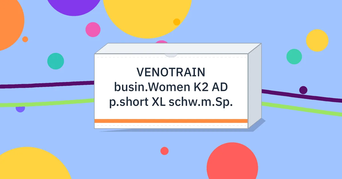 Symbolbild: Packung mit der Aufschrift VENOTRAIN busin.Women K2 AD p.short XL schw.m.Sp. (PZN 10196369) – Verfügbarkeit und Bezug in Apotheken in Frankfurt am Main