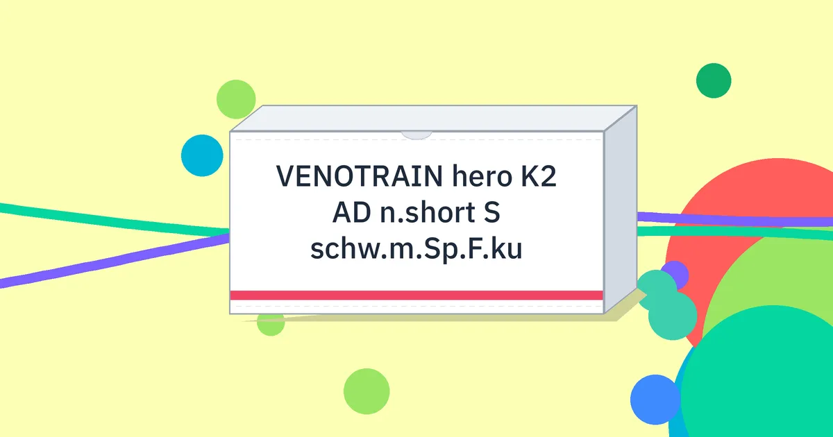 Symbolbild: Packung mit der Aufschrift VENOTRAIN hero K2 AD n.short S schw.m.Sp.F.ku (PZN 19189566) – Verfügbarkeit und Bezug in Apotheken in Frankfurt am Main