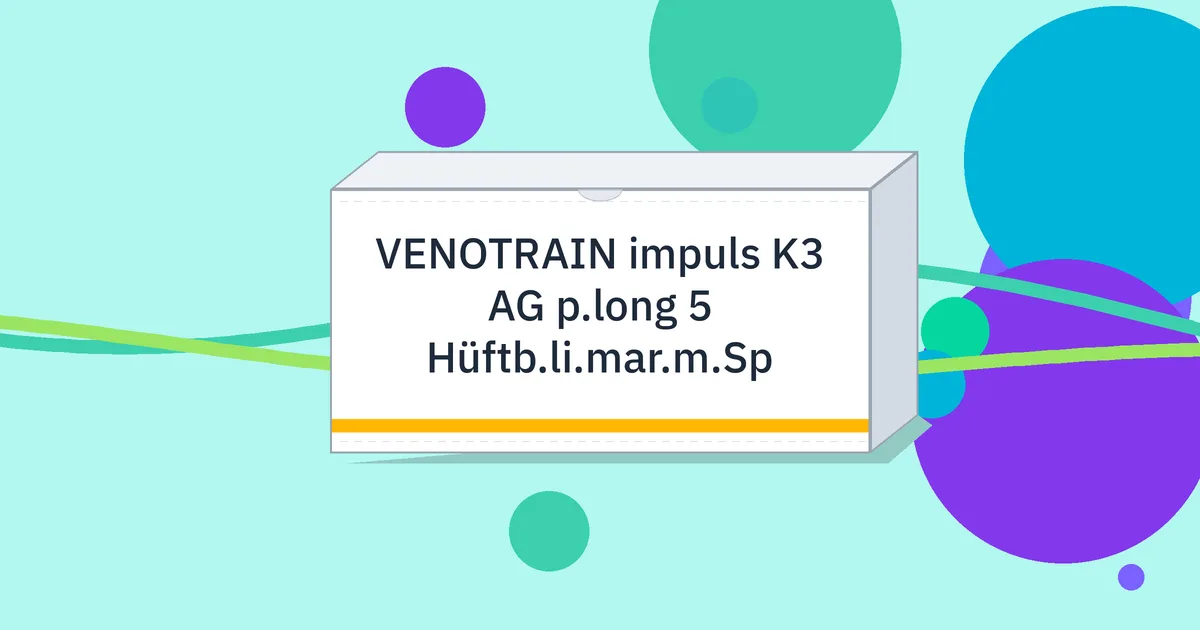 Symbolbild: Packung mit der Aufschrift VENOTRAIN impuls K3 AG p.long 5 Hüftb.li.mar.m.Sp (PZN 15220150) – Verfügbarkeit und Bezug in Apotheken in Frankfurt am Main