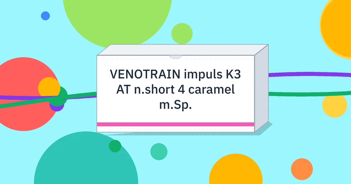 Symbolbild: Packung mit der Aufschrift VENOTRAIN impuls K3 AT n.short 4 caramel m.Sp. (PZN 19354901) – Verfügbarkeit und Bezug in Apotheken in Frankfurt am Main