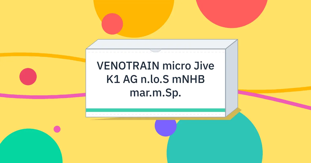 Symbolbild: Packung mit der Aufschrift VENOTRAIN micro Jive K1 AG n.lo.S mNHB mar.m.Sp. (PZN 17761803) – Verfügbarkeit und Bezug in Apotheken in Frankfurt am Main