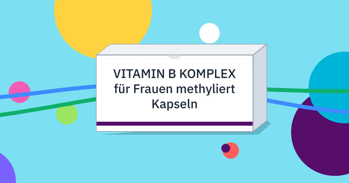Symbolbild: Packung mit der Aufschrift VITAMIN B KOMPLEX für Frauen methyliert Kapseln (PZN 20828095) – Verfügbarkeit und Bezug in Apotheken in Frankfurt am Main