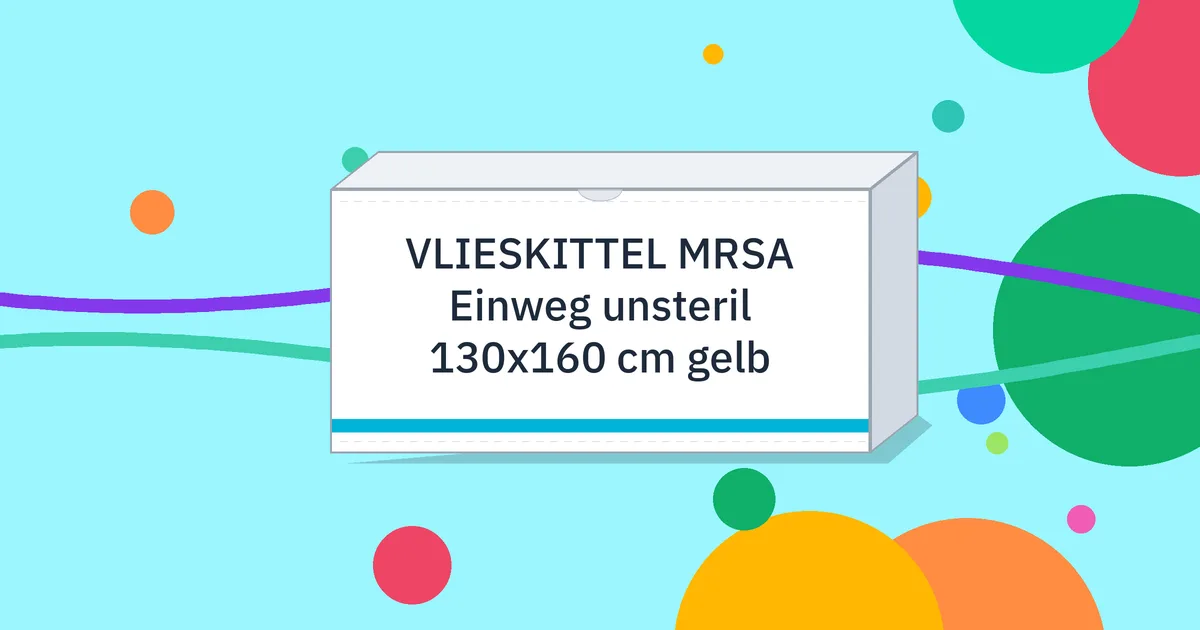 Symbolbild: Packung mit der Aufschrift VLIESKITTEL MRSA Einweg unsteril 130x160 cm gelb (PZN 08410163) – Verfügbarkeit und Bezug in Apotheken in Frankfurt am Main