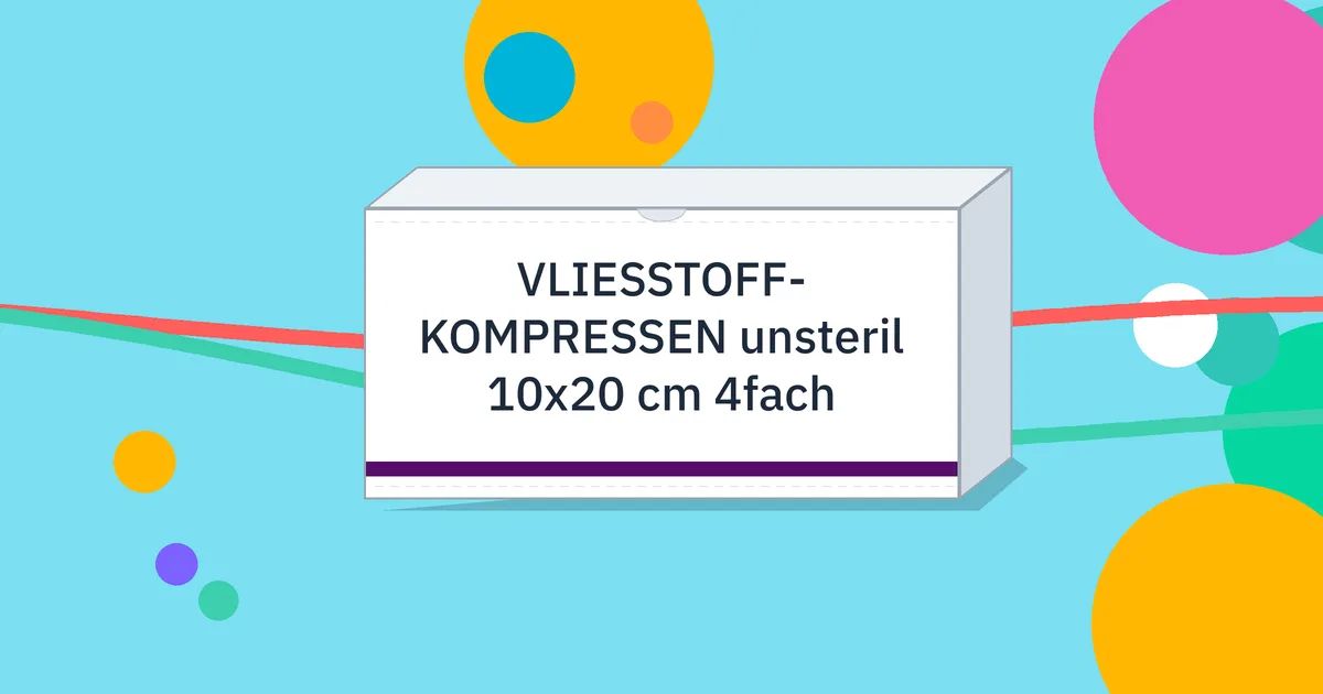 Symbolbild: Packung mit der Aufschrift VLIESSTOFF-KOMPRESSEN unsteril 10x20 cm 4fach (PZN 03391283) – Verfügbarkeit und Bezug in Apotheken in Frankfurt am Main