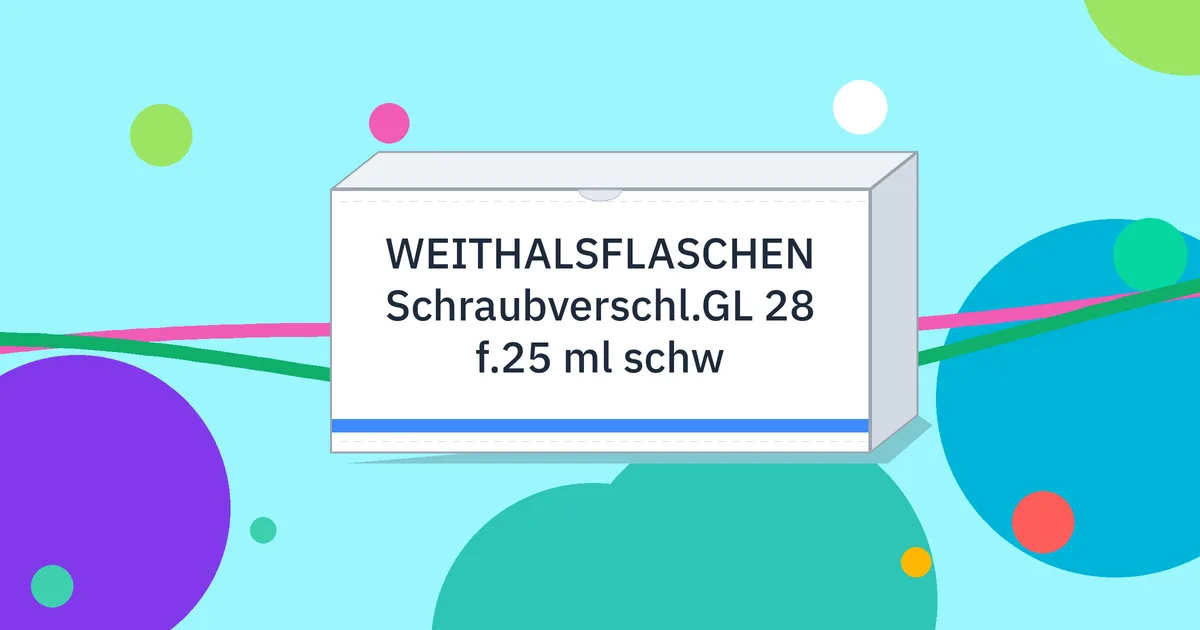 Symbolbild: Packung mit der Aufschrift WEITHALSFLASCHEN Schraubverschl.GL 28 f.25 ml schw (PZN 18187967) – Verfügbarkeit und Bezug in Apotheken in Frankfurt am Main