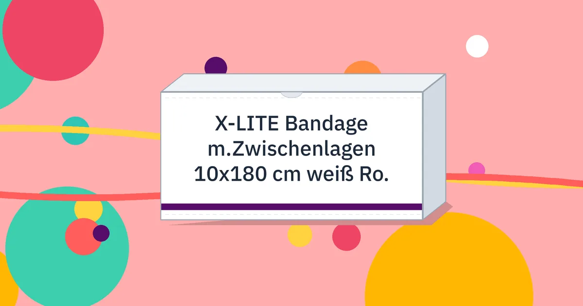 Symbolbild: Packung mit der Aufschrift X-LITE Bandage m.Zwischenlagen 10x180 cm weiß Ro. (PZN 02467009) – Verfügbarkeit und Bezug in Apotheken in Frankfurt am Main
